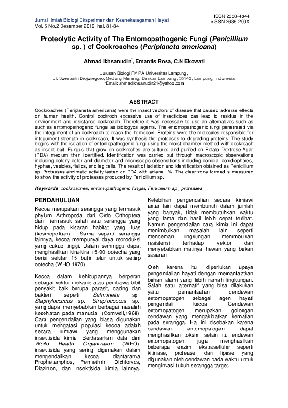 (PDF) Proteolytic Activity of The Entomopathogenic Fungi (Penicillium sp. ) of Cockroaches ...