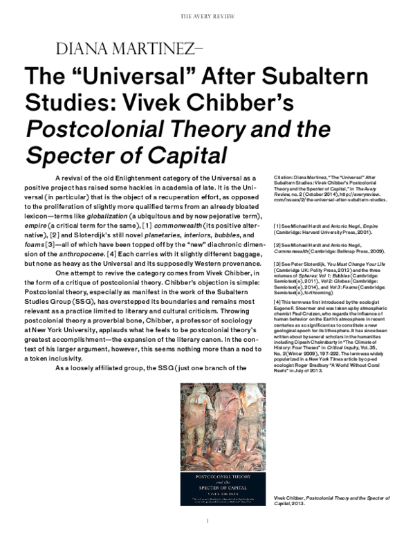 (PDF) The "Universal" After Subaltern Studies: Vivek Chibber's ...
