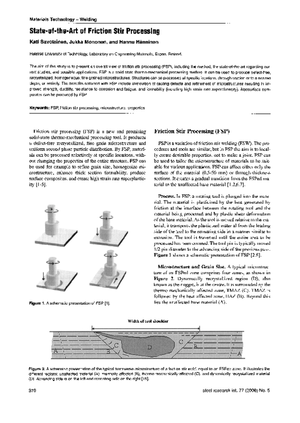 Pdf State Of The Art Of Friction Stir Processing Hannu Hänninen