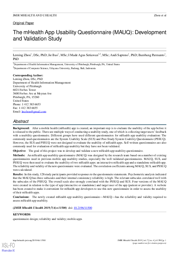 Pdf The Mhealth App Usability Questionnaire Mauq Development And