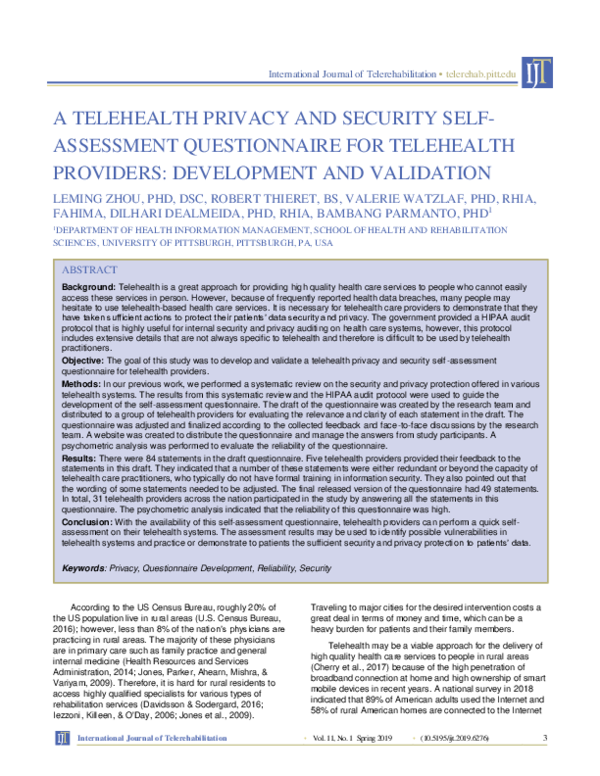 (PDF) A Telehealth Privacy and Security Self-Assessment Questionnaire for Telehealth Providers ...