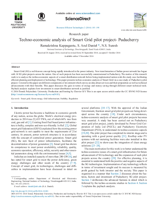(PDF) Techno-economic analysis of Smart Grid pilot project- Puducherry