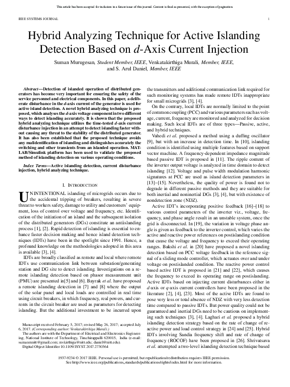 Pdf Hybrid Analyzing Technique For Active Islanding Detection Based