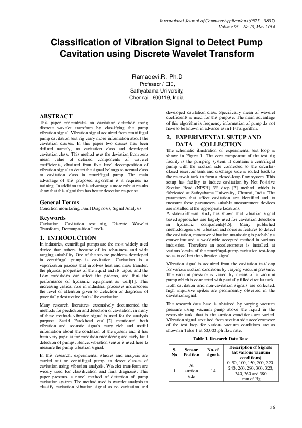 (PDF) Classification of Vibration Signal to Detect Pump Cavitation using Discrete Wavelet Transform