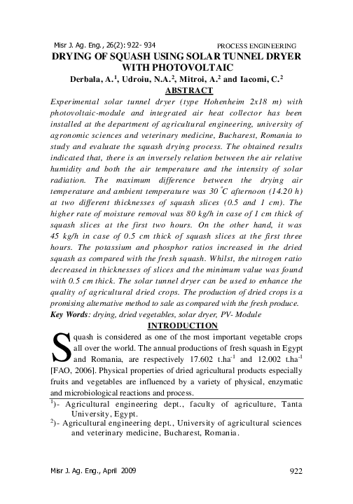 (PDF) Drying of Squash Using Solar Tunnel Dryer with Photovoltaic