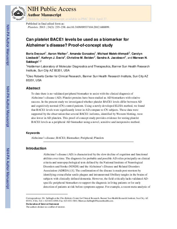 (PDF) Can platelet BACE1 levels be used as a biomarker for Alzheimer's ...