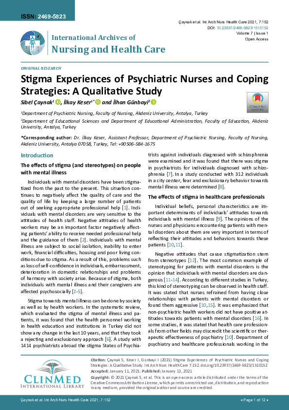 (PDF) Stigma Experiences of Psychiatric Nurses and Coping Strategies: A ...