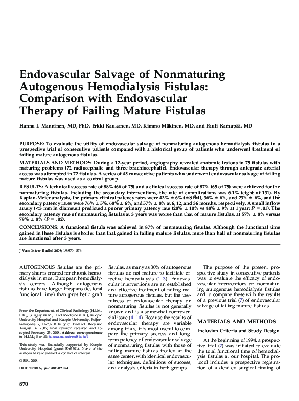 (PDF) Endovascular Salvage of Nonmaturing Autogenous Hemodialysis ...