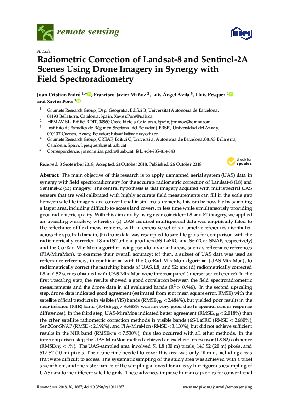 Pdf Radiometric Correction Of Landsat 8 And Sentinel 2a Scenes Using