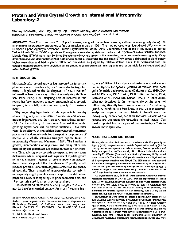 (PDF) Protein and virus crystal growth on international microgravity ...