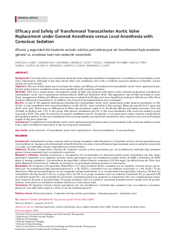 (PDF) Efficacy and Safety of Transfemoral Transcatheter Aortic Valve Replacement under General ...