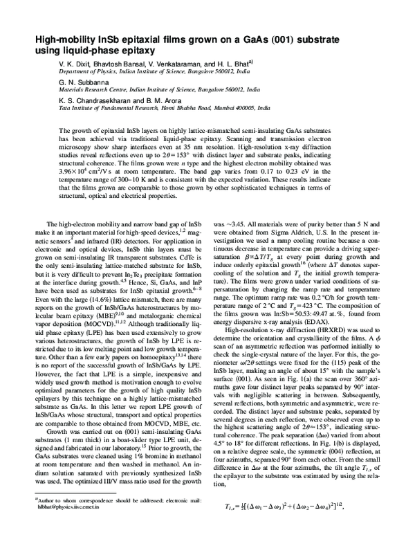 (PDF) High-mobility InSb epitaxial films grown on a GaAs (001) substrate using liquid-phase epitaxy