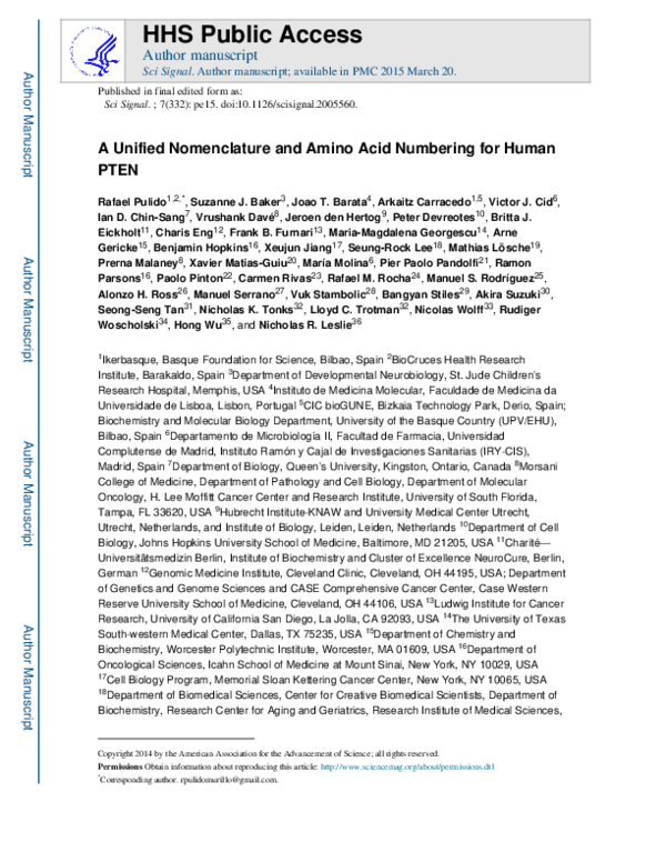(PDF) A unified nomenclature and amino acid numbering for human PTEN ...