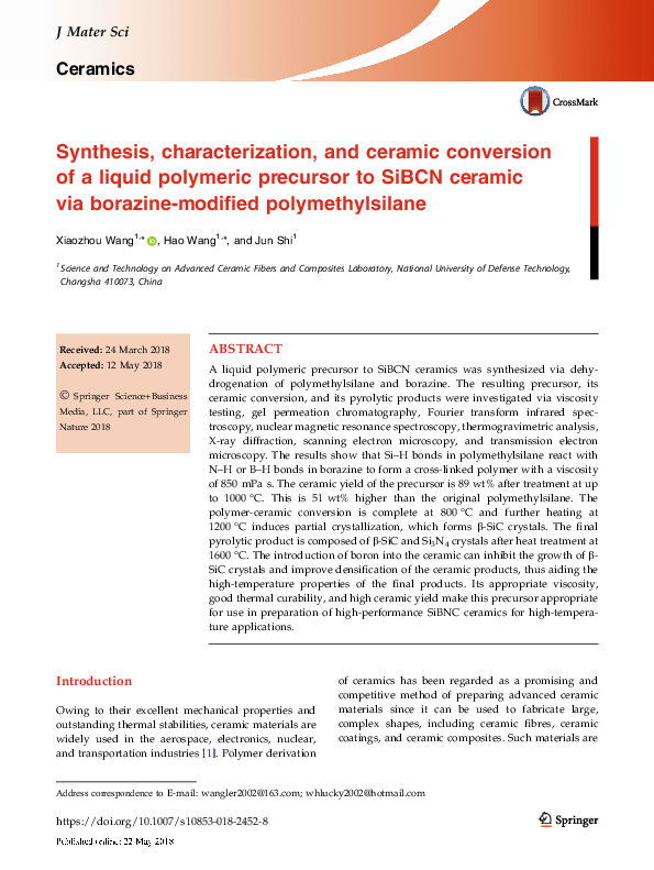 (PDF) Synthesis, characterization, and ceramic conversion reactions of ...