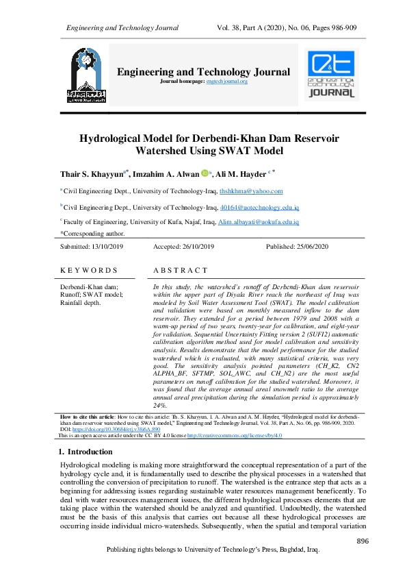 (PDF) Hydrological Model for Derbendi-Khan Dam Reservoir Watershed Using SWAT Model