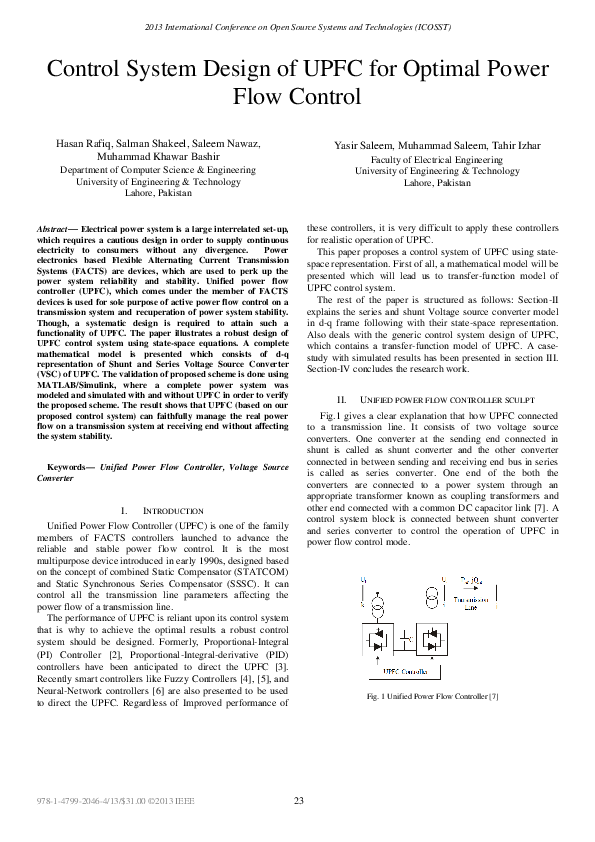 (PDF) Control system design of UPFC for optimal power flow control | Muhammad Waqar Bashir ...