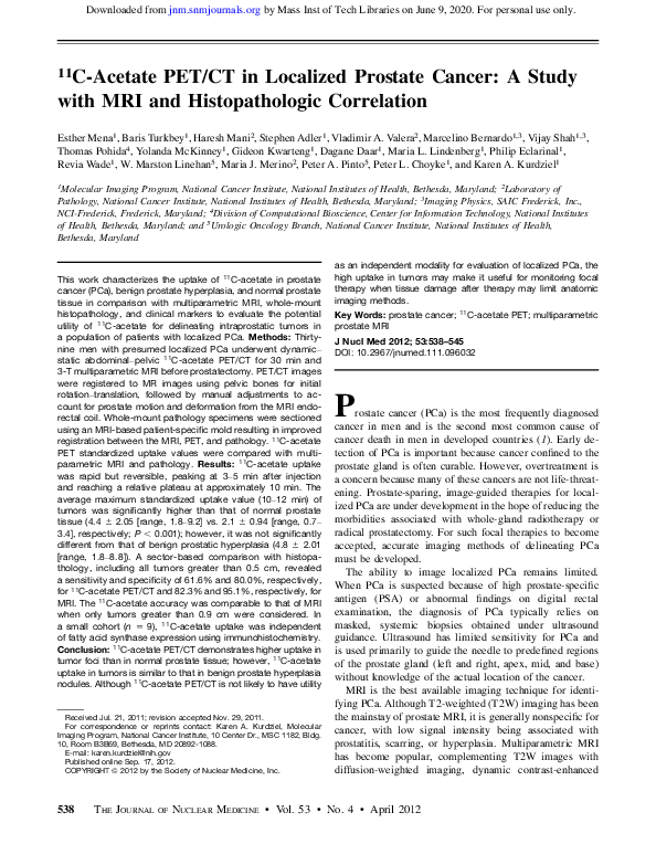 (PDF) 11C-Acetate PET/CT in Localized Prostate Cancer: A Study with MRI and Histopathologic ...