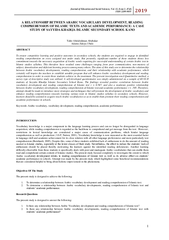 (PDF) A Relationship Between Arabic Vocabulary Development, Reading Comprehension of Islamic ...