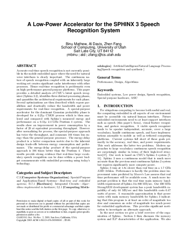 (PDF) A low-power accelerator for the SPHINX 3 speech recognition system