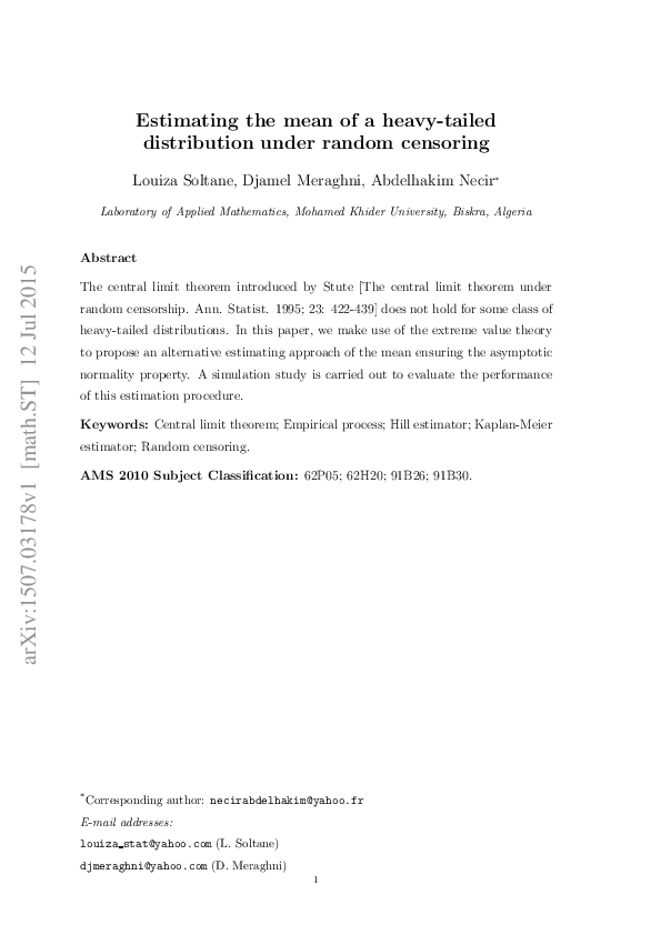 (PDF) Estimating the mean of a heavy-tailed distribution under random censoring