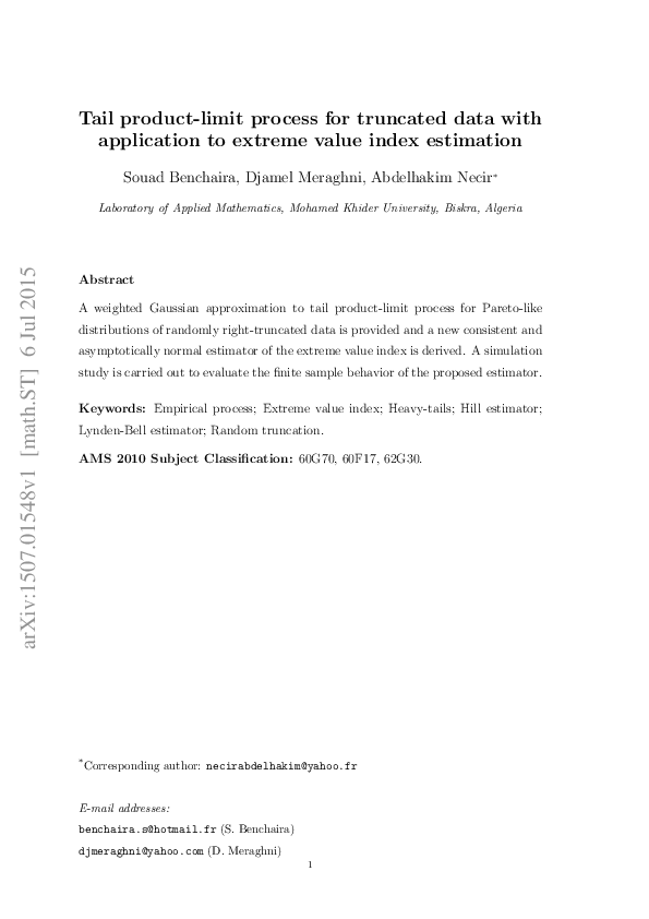 (PDF) Tail product-limit process for truncated data with application to extreme value index ...