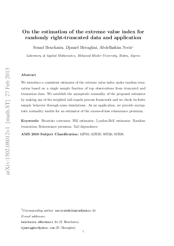 Pdf On The Estimation Of The Extreme Value Index For Randomly Right Truncated Data And
