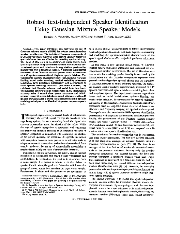 Pdf Robust Text Independent Speaker Identification Using Gaussian Mixture Speaker Models 