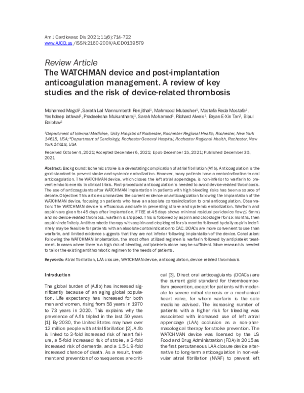 (PDF) The WATCHMAN device and post-implantation anticoagulation ...