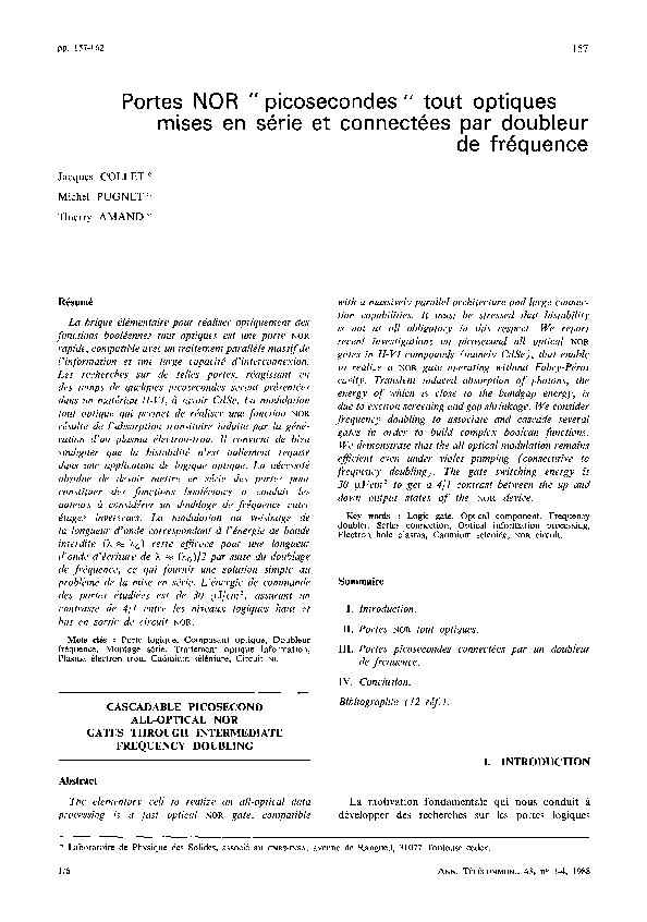 (PDF) Portes NOR “ picosecondes ”tout optiques mises en série et ...