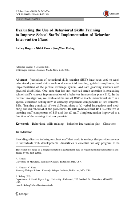 (PDF) Evaluating the Use of Behavioral Skills Training to Improve School Staffs’ Implementation ...