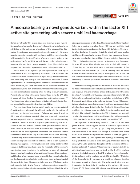 (PDF) A neonate bearing a novel genetic variant within the factor XIII ...