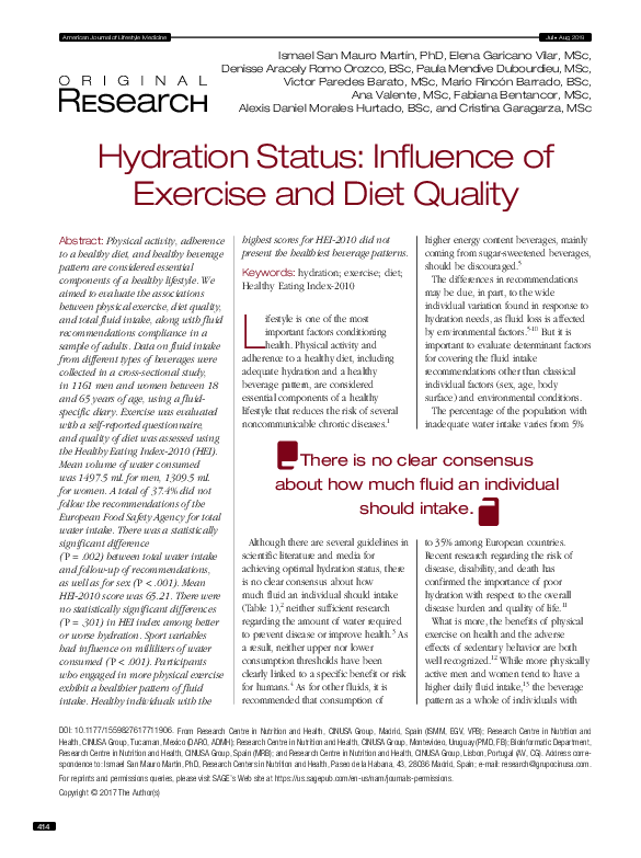 (PDF) Hydration Status: Influence of Exercise and Diet Quality