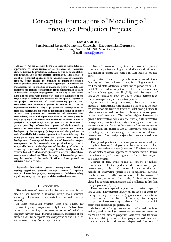 (PDF) Conceptual Foundations of Modelling of Innovative Production Projects