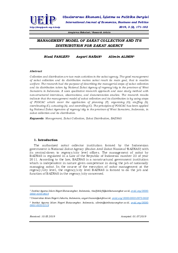 (PDF) MANAGEMENT MODEL OF ZAKAT COLLECTION AND ITS DISTRIBUTION FOR ZAKAT AGENCY / Management ...