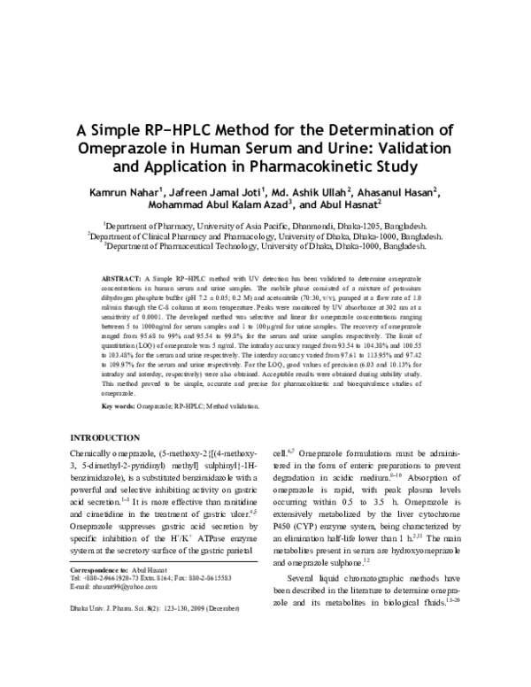 (PDF) A Simple RP-HPLC Method for the Determination of Omeprazole in Human Serum and Urine ...