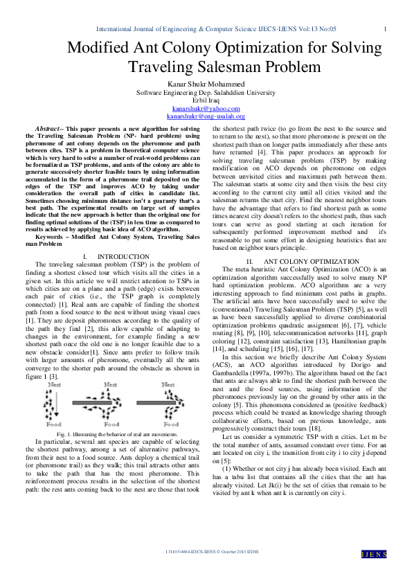 (PDF) Modified Ant Colony Optimization for Solving Traveling Salesman Problem