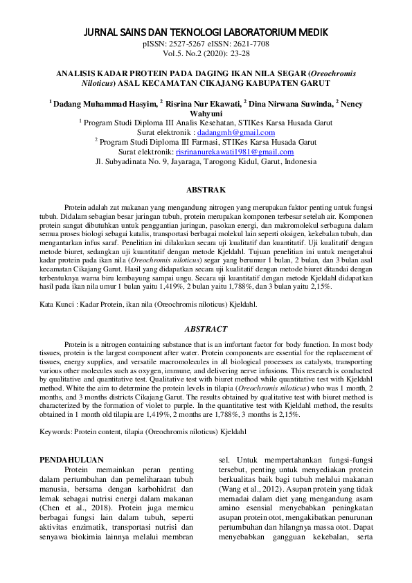 (PDF) ANALISIS KADAR PROTEIN PADA DAGING IKAN NILA SEGAR (Oreochromis ...