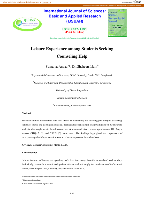 (PDF) Leisure Experience among Students Seeking Counseling Help