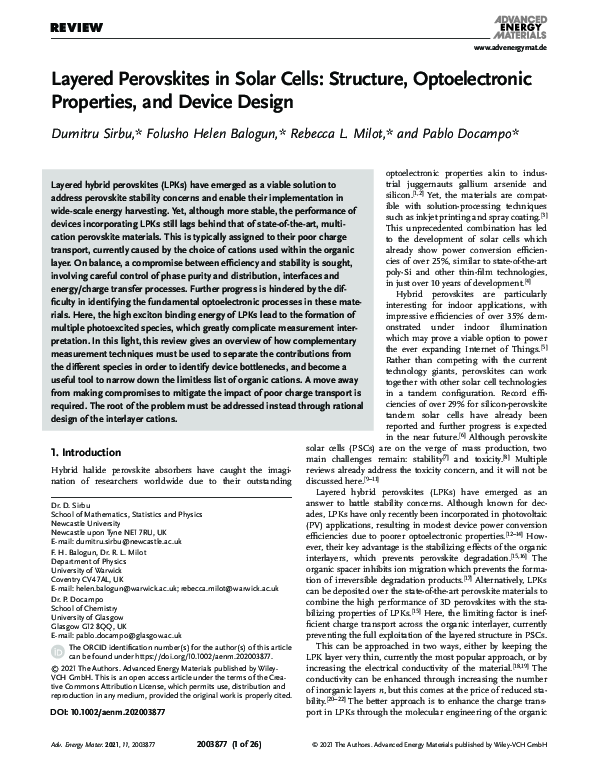 (PDF) Layered Perovskites in Solar Cells: Structure, Optoelectronic ...