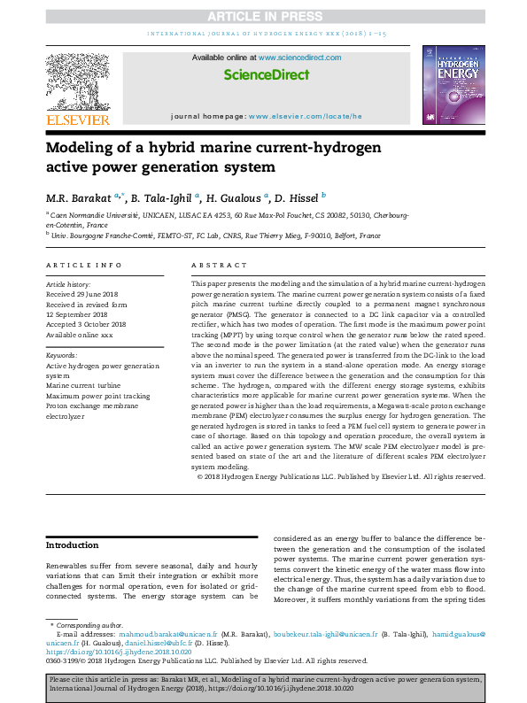 Pdf Modeling Of A Hybrid Marine Current Hydrogen Active Power Generation System