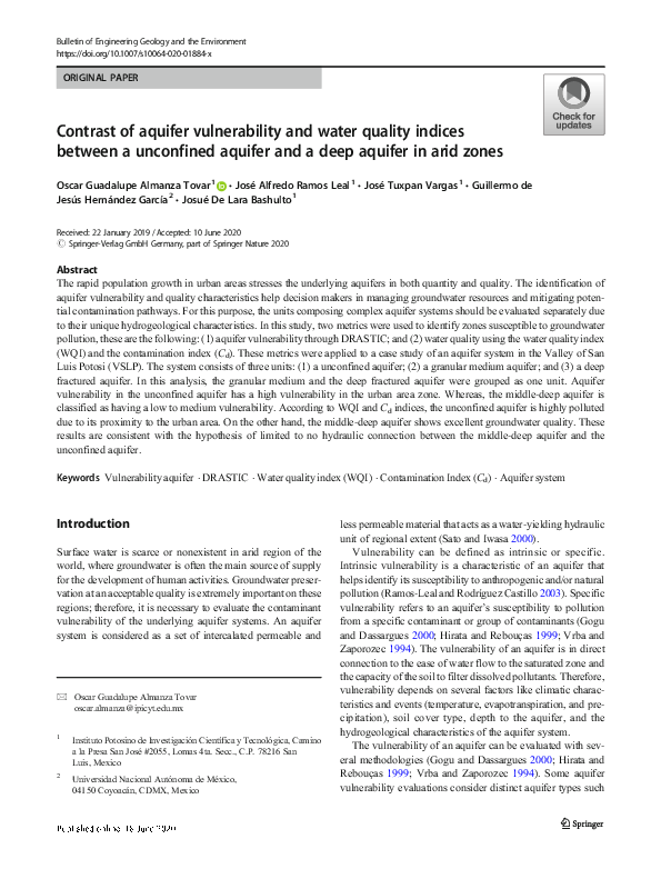 (PDF) Contrast of aquifer vulnerability and water quality indices between a unconfined aquifer ...