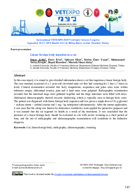 (PDF) Linear foreign body ingestion in a cat