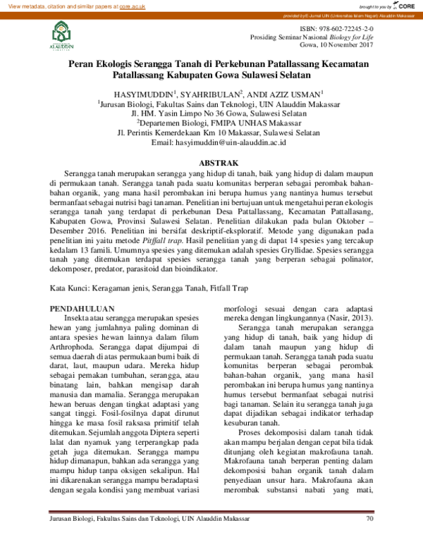 (PDF) Peran Ekologis Serangga Tanah di Perkebunan Patallassang ...
