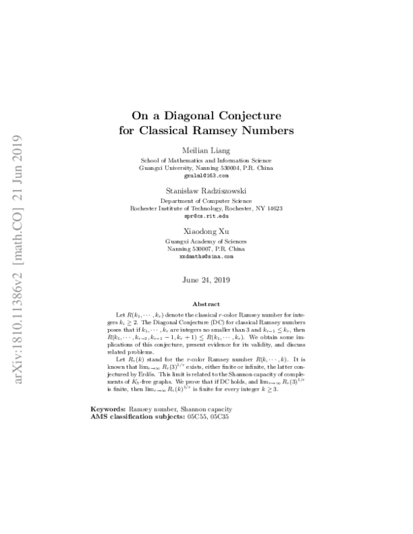 (PDF) On a Diagonal Conjecture for classical Ramsey numbers