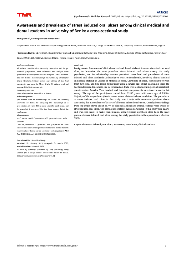 (PDF) Awareness and prevalence of stress induced oral ulcers among ...