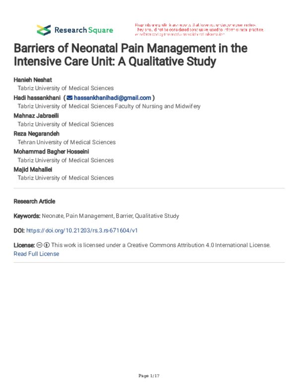 (PDF) Barriers of Neonatal Pain Management in the Intensive Care Unit ...