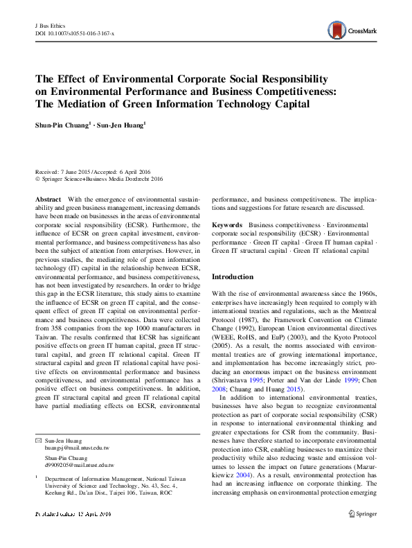 (PDF) The Effect of Environmental Corporate Social Responsibility on ...