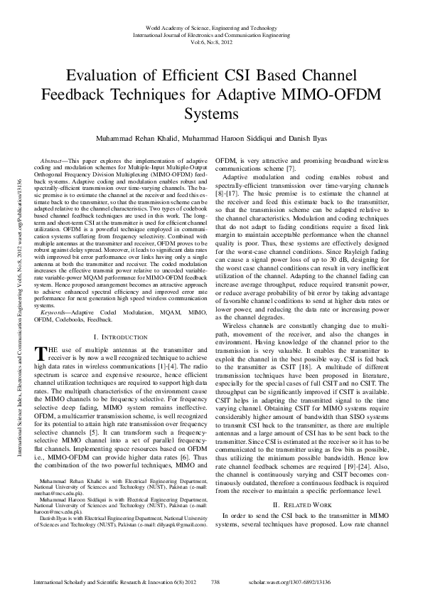(PDF) Evaluation Of Efficient Csi Based Channel Feedback Techniques For ...