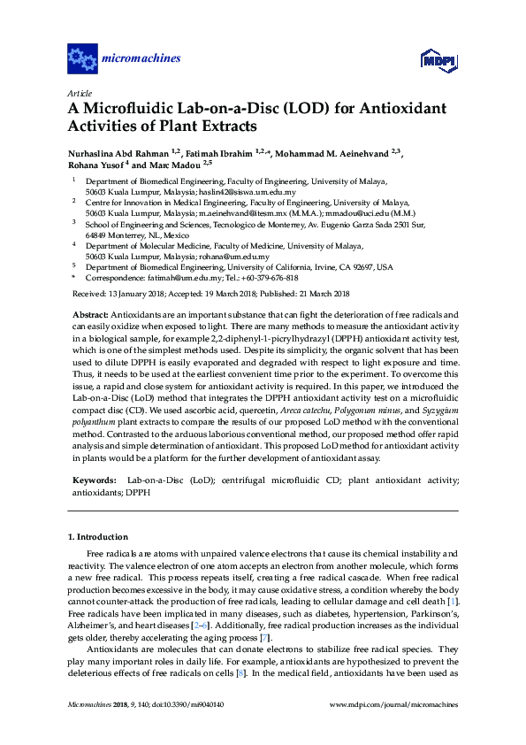 (PDF) A Microfluidic Lab-on-a-Disc (LOD) for Antioxidant Activities of ...