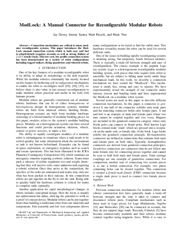 Pdf Modlock A Manual Connector For Reconfigurable Modular Robots Jimmy Sastra